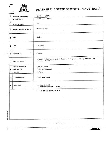 Western Australian Convicts - Samuel Moody 6081 Death Cert (Image ...